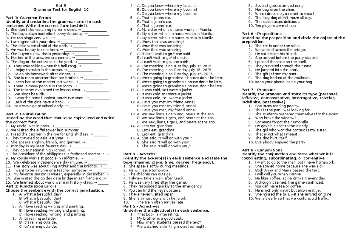 ENG10 Grammar Test: Identifying Errors and Corrections - Studocu