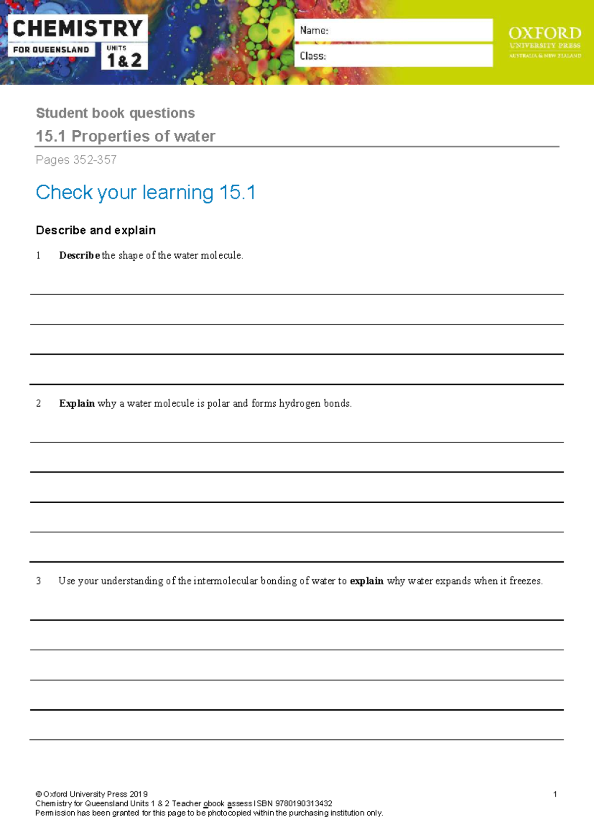 Chemistry for Queensland Units 1 & 2: 15.1 Properties of Water - Studocu