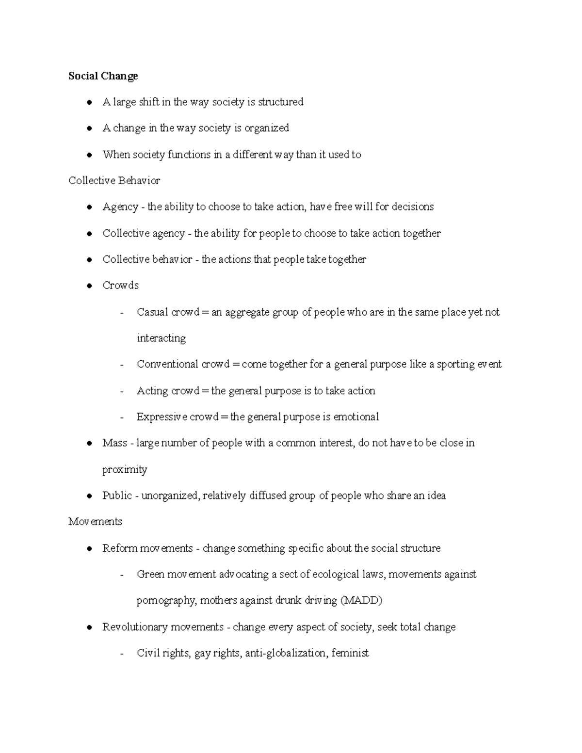 Sociology (SOC101) Social Change Lecture Notes and Collective Behavior ...