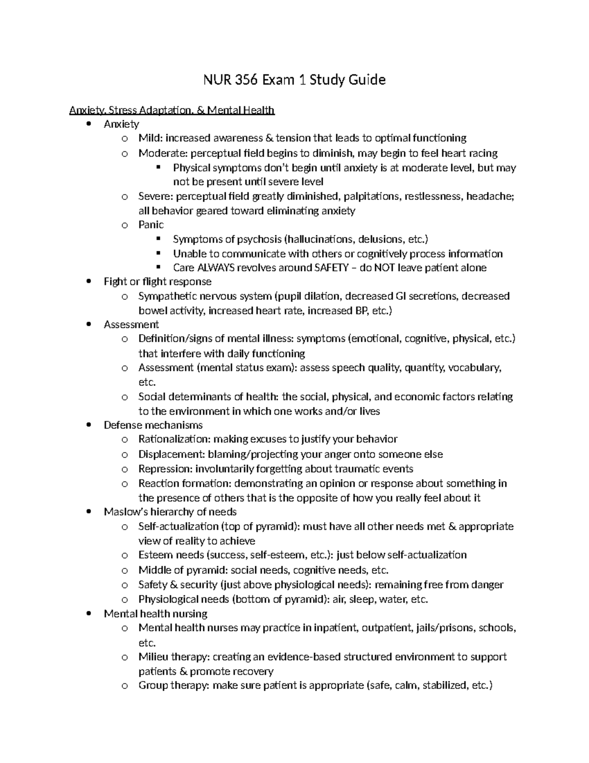 NUR 356 Exam 1 Study Guide: Anxiety, Stress, and Mental Health Concepts ...