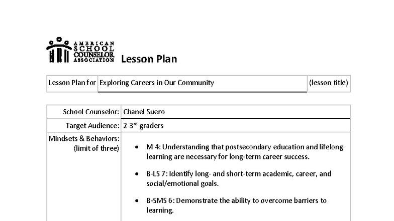 Lesson Plan: Exploring Community Careers for Graders (Cf ASCA) - Studocu
