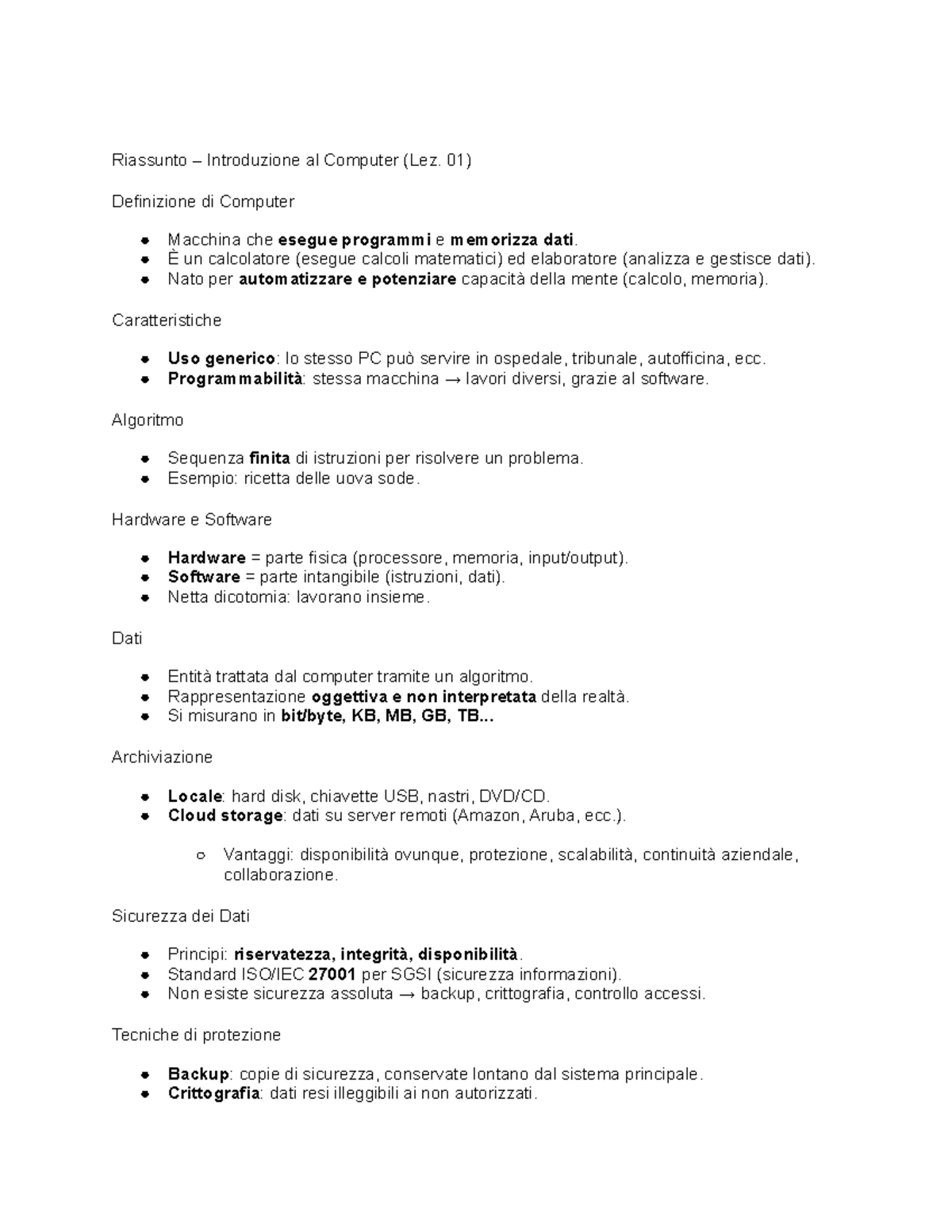 Riassunto Esame Informatica (Lez. 01-04C) - Studocu