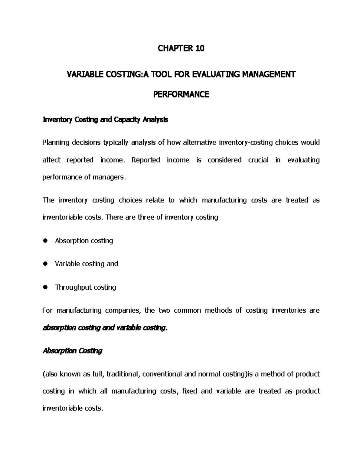 Variable Costing A TOOL FOR Evaluating Management Performance - CHAPTER 10 VARIABLE COSTING:A ...