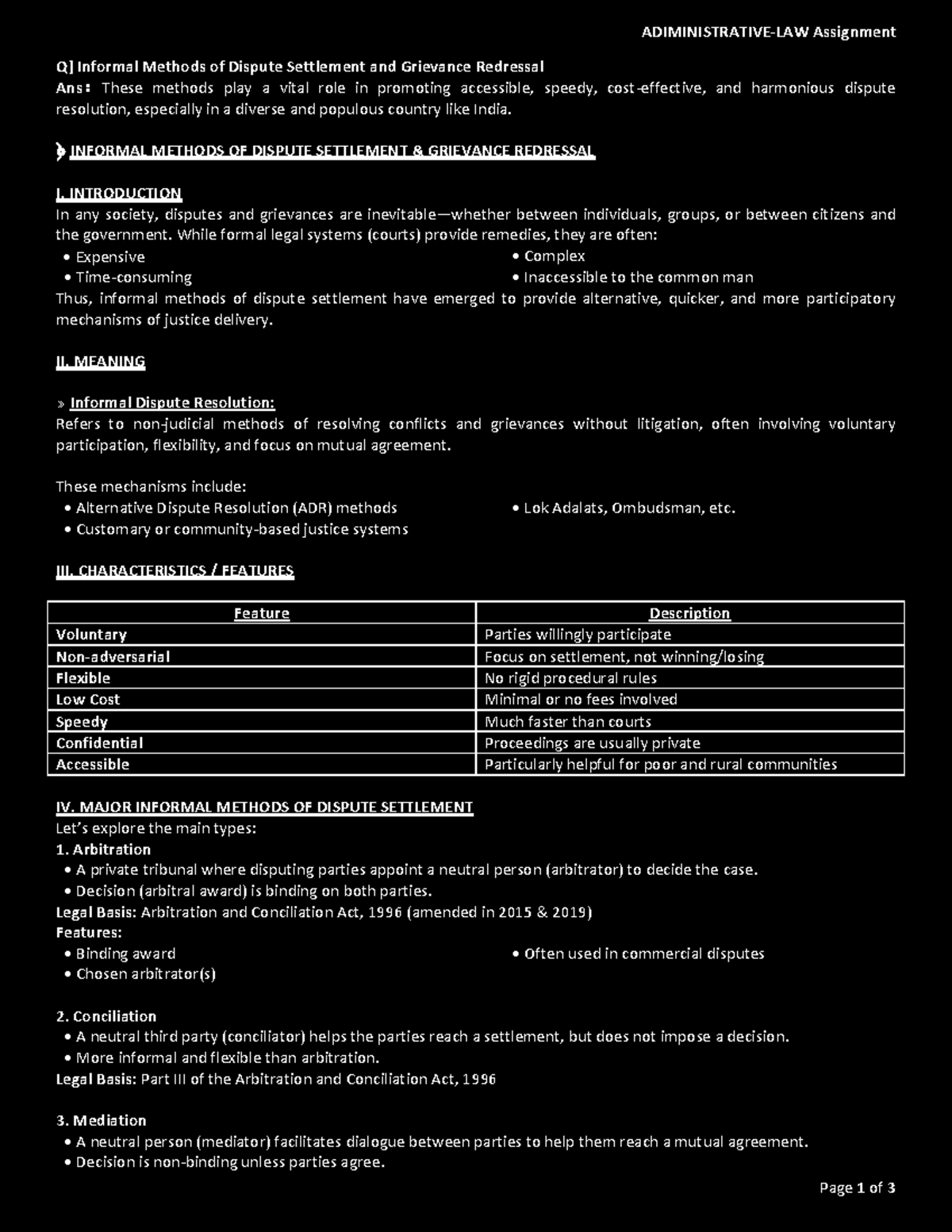 Assignment on Informal Methods of Dispute Settlement and Grievance ...