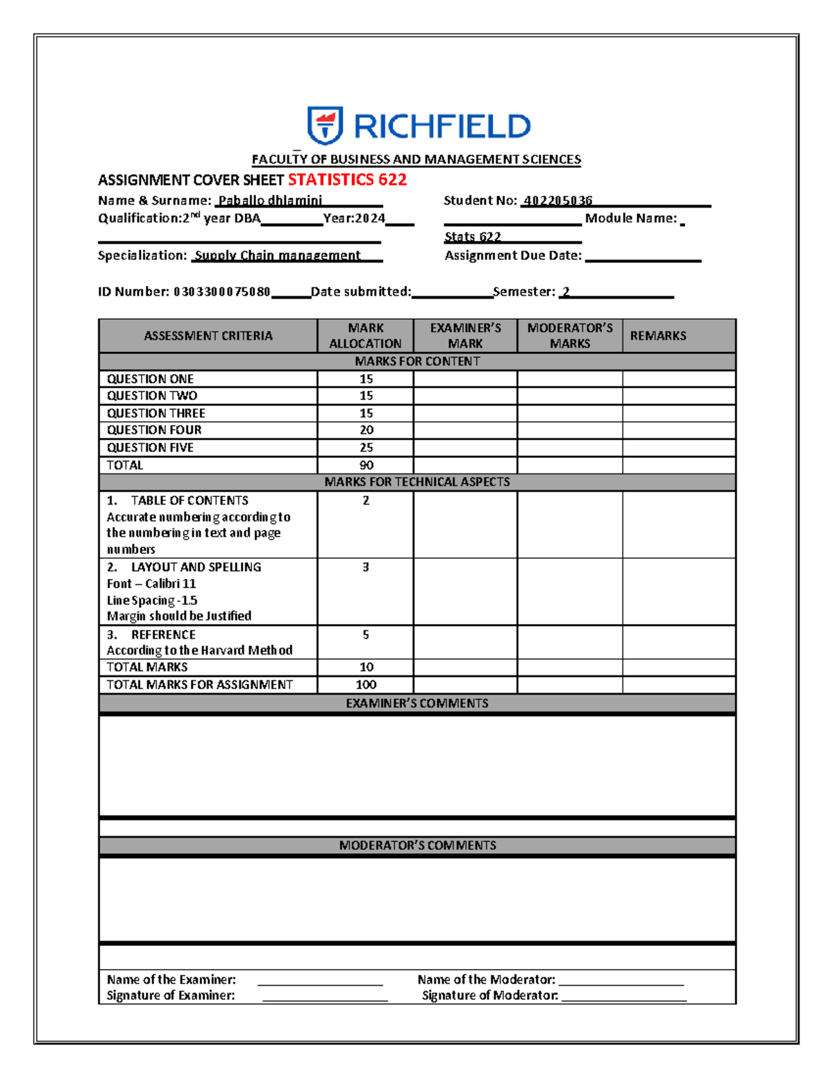 Statistics 622 Assignment Cover Sheet & Guidelines for 2024 - Studocu