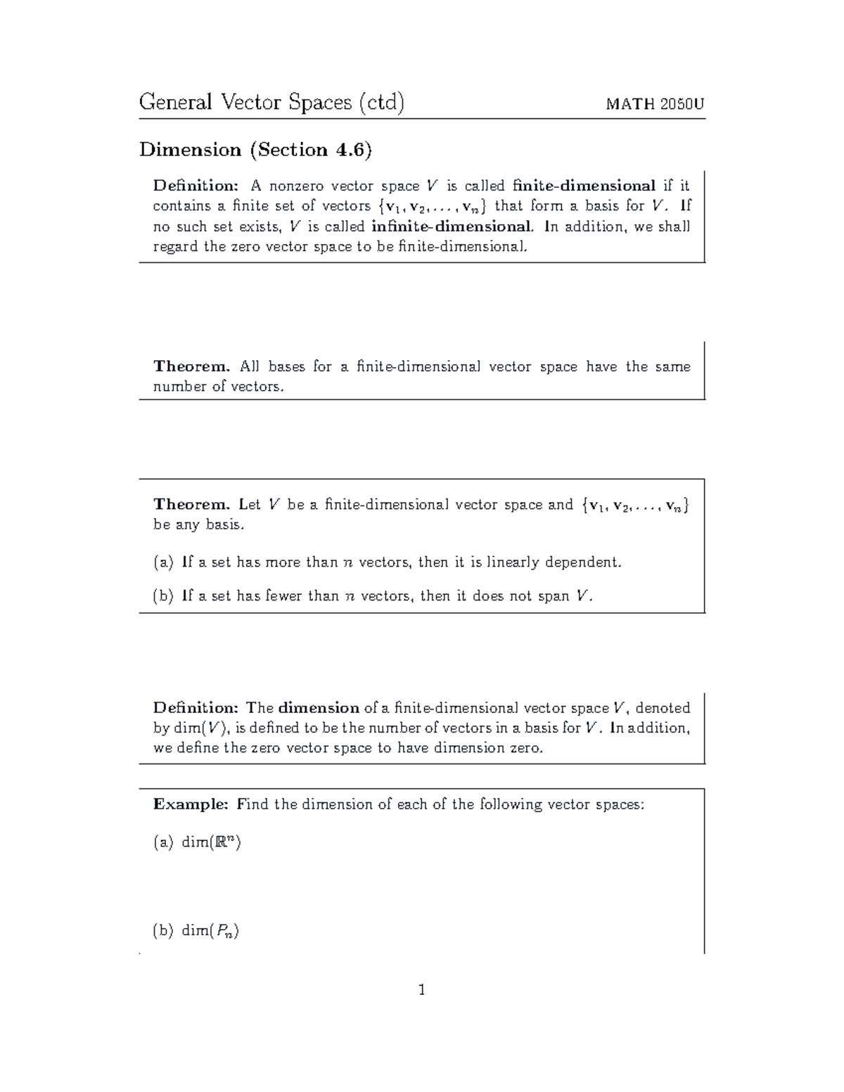 2050 Lecture 14 bw - General Vector Spaces (ctd) MATH 2050U Dimension ...