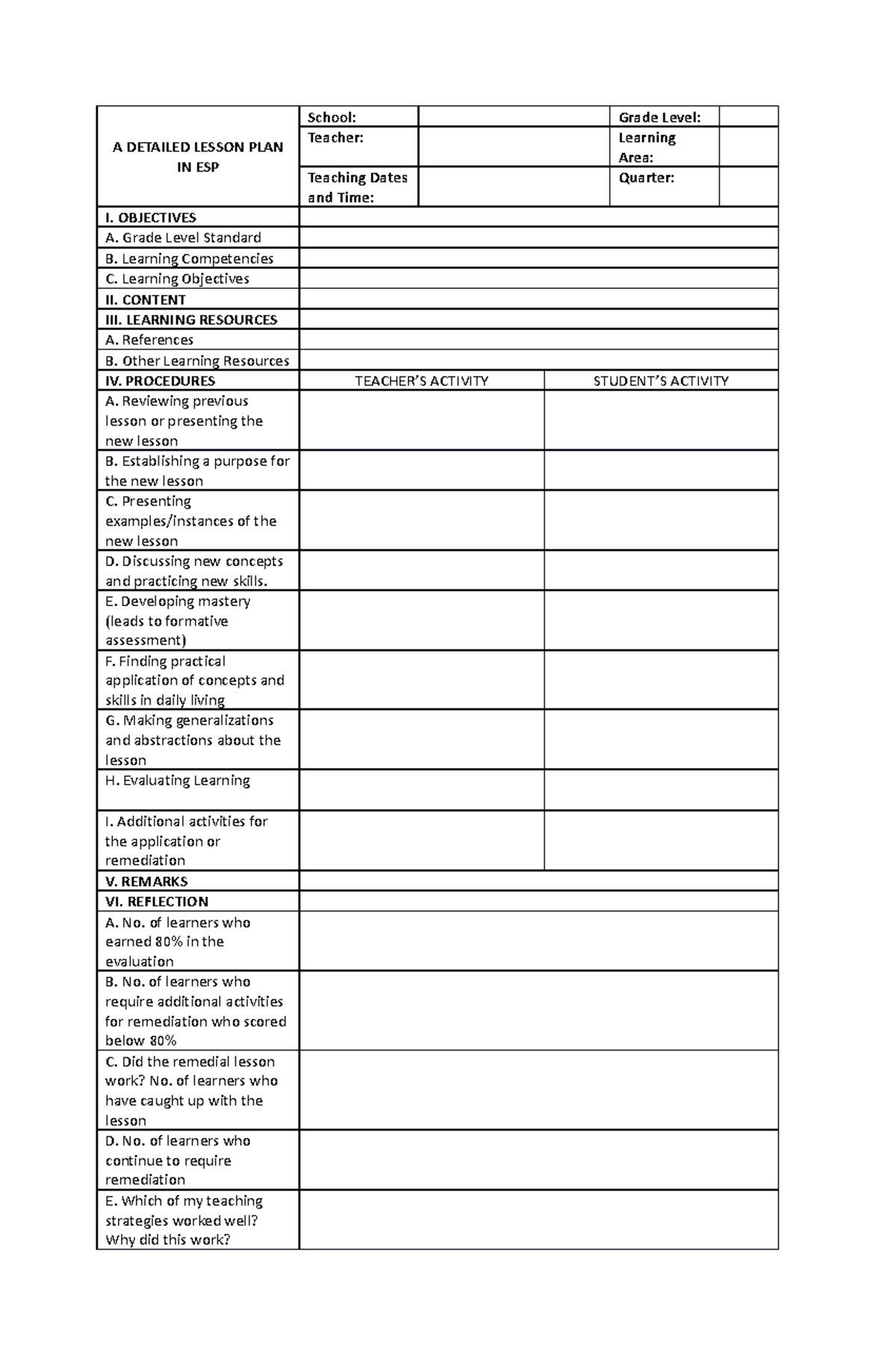 ESP Lesson Plan Template for Student-Teacher Evaluation - Studocu