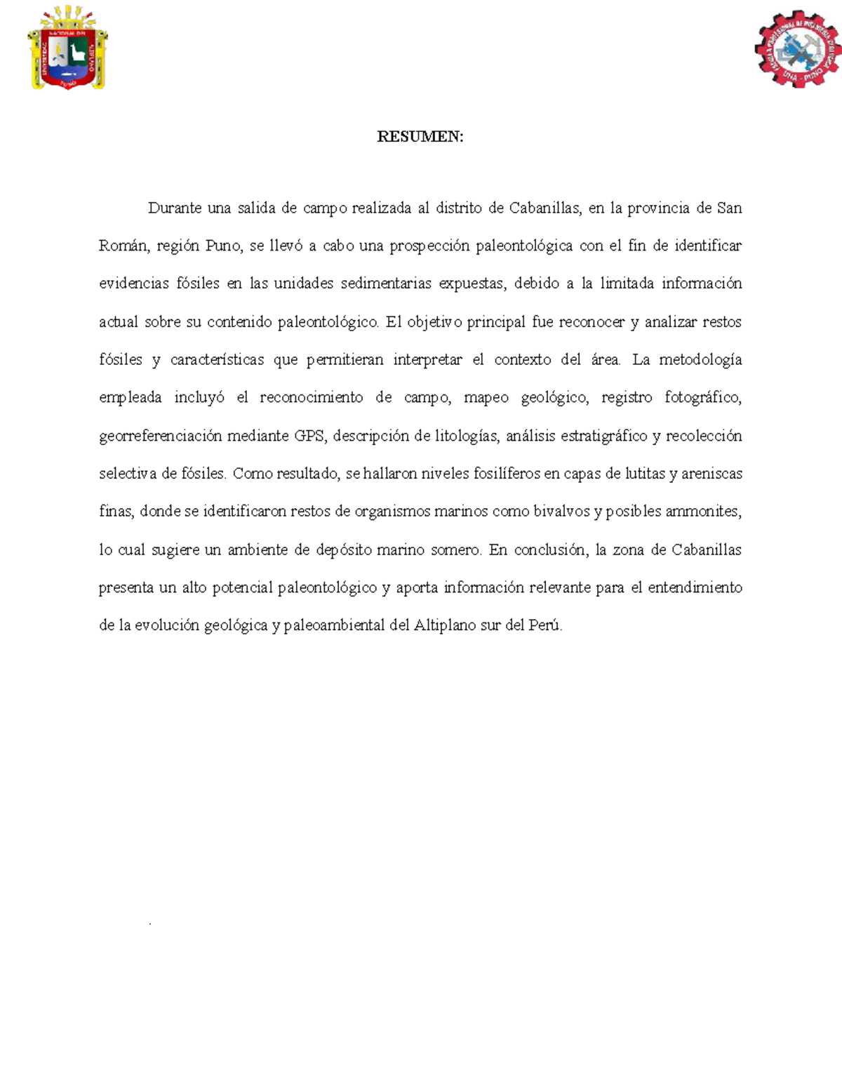 Informe de Salida de Campo en Paleontología - Cabanillas, Puno - Studocu