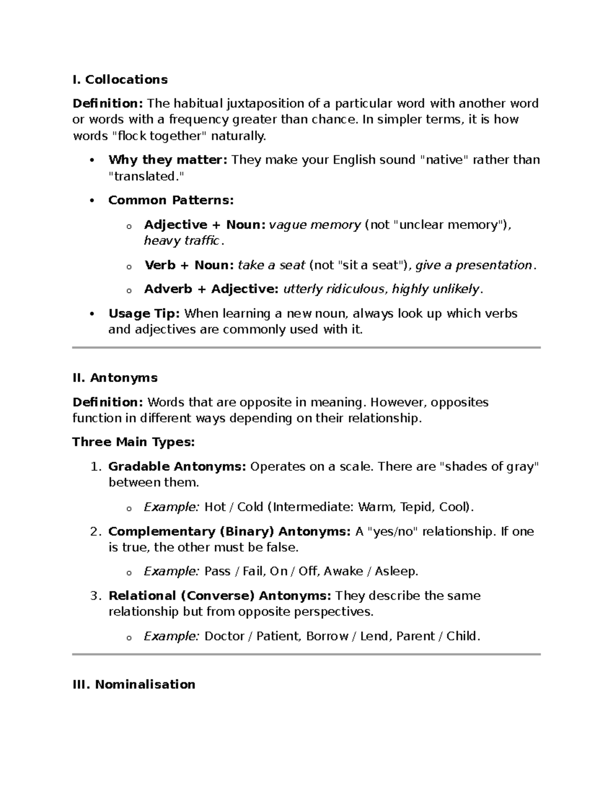 I. Collocations, Antonyms, Nominalisation, Hyponyms & Hypernyms Notes ...