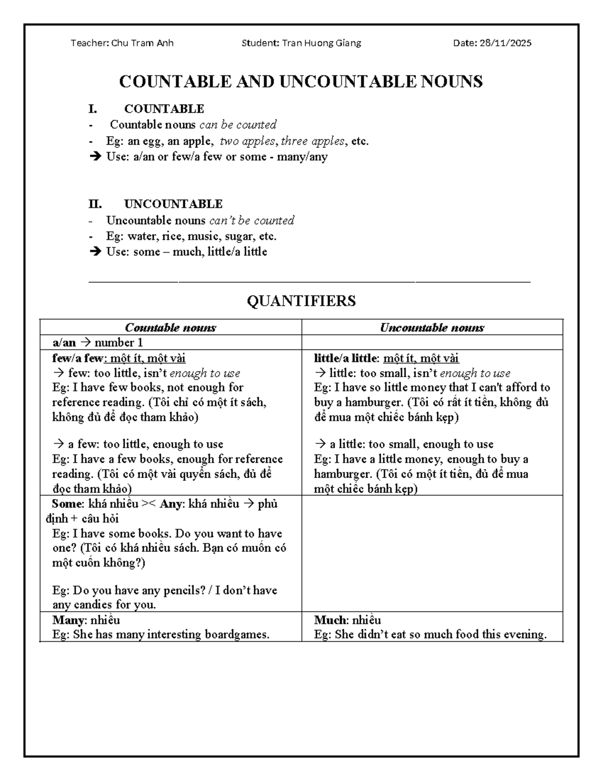 Countable and Uncountable Nouns - Lesson Notes 28 - Studocu