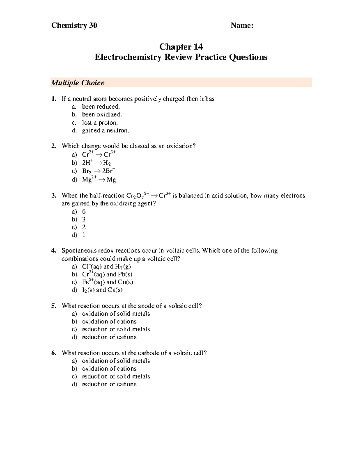 Electrochemistry review practice questions with key - ch 14 - chem 30 ...