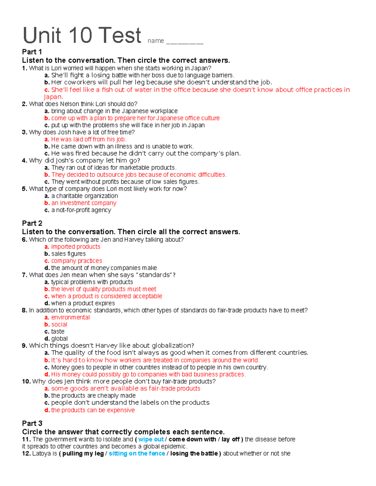 Unit 10 Test - Listening Comprehension and Phrasal Verbs - Studocu