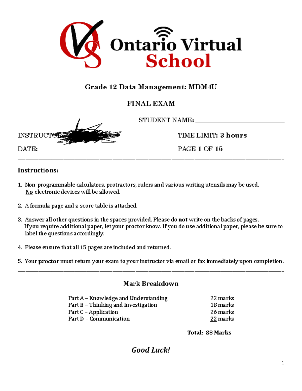 OVS Grade 12 Data Management MDM4U Final Exam Questions & Instructions ...