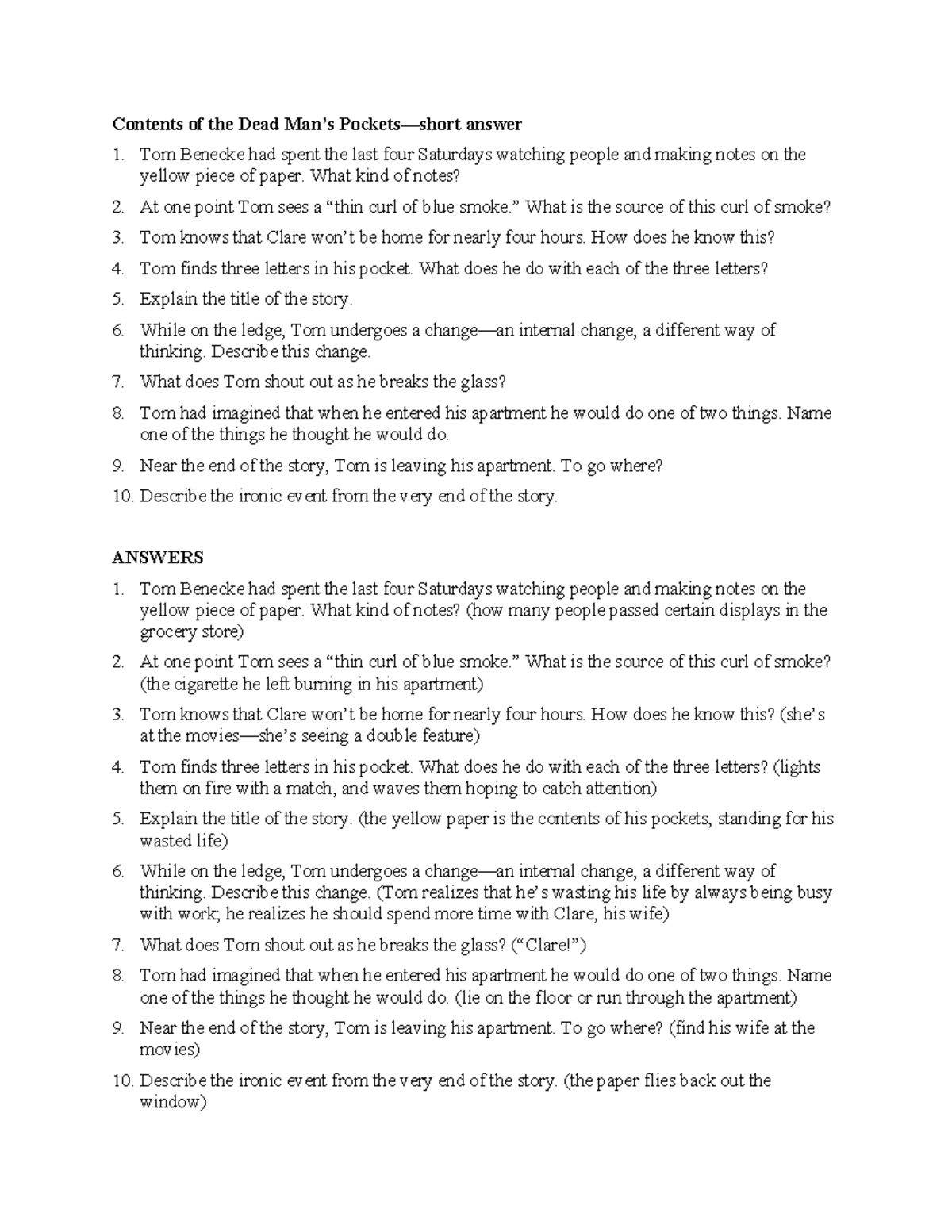 Contents of the Dead Man's Pockets: Short Answer & MCQ Study Guide ...