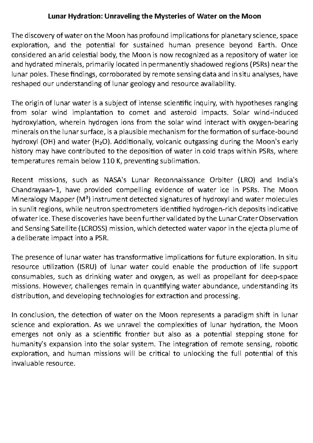 Lunar Hydration Science: Exploring Water's Role on the Moon - Studocu