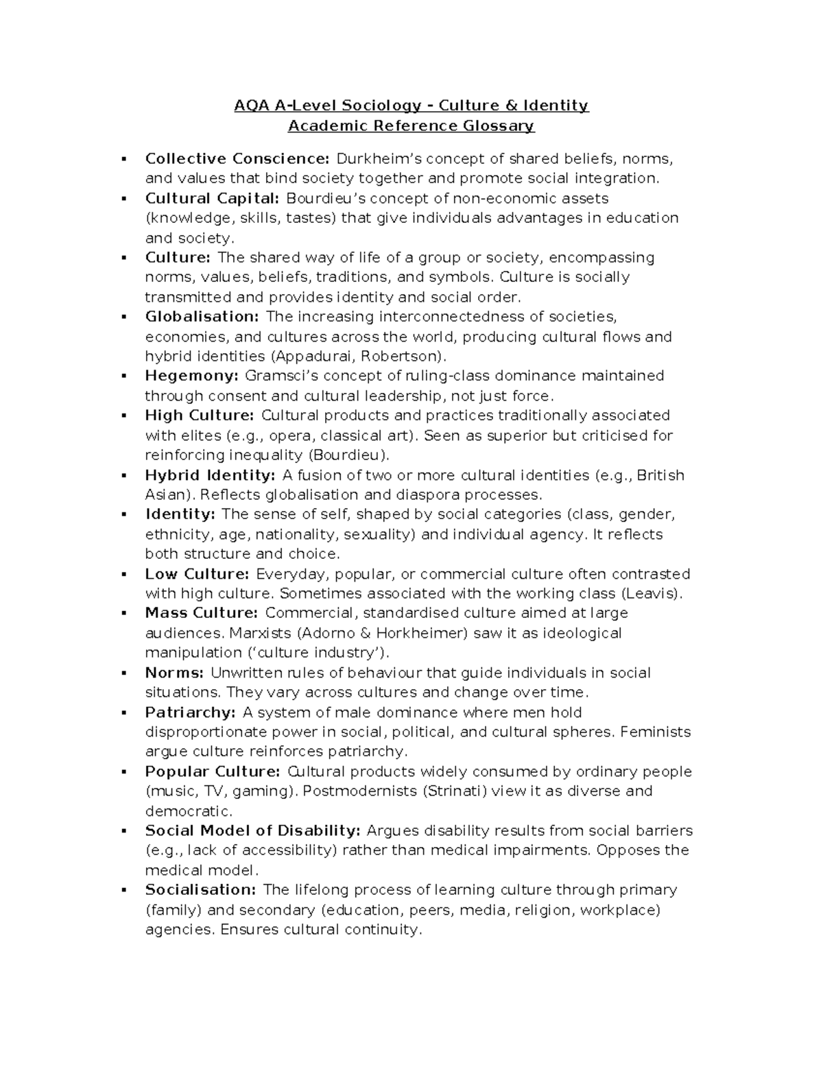 AQA Sociology Culture and Identity Academic Glossary - Studocu