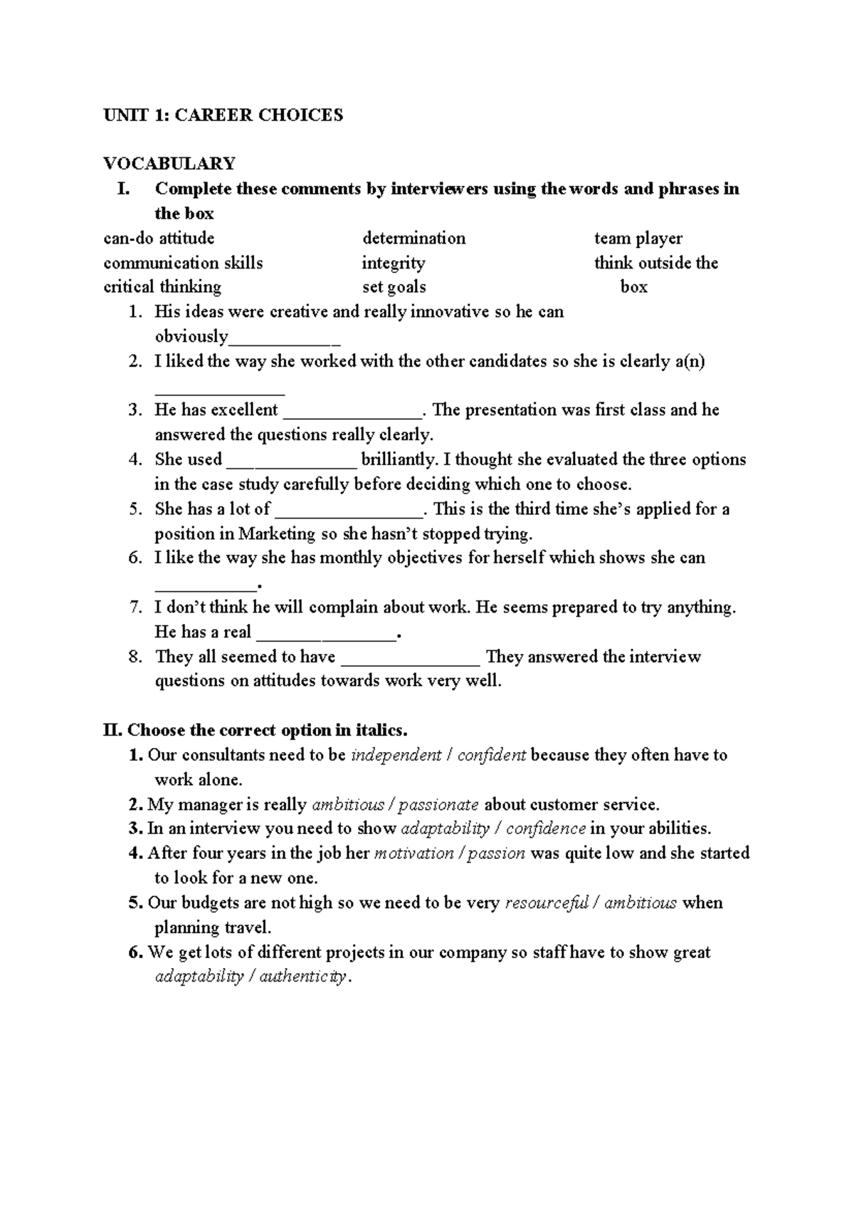 UNIT 1: CAREER CHOICES VOCABULARY & INTERVIEW PREPARATION - Studocu