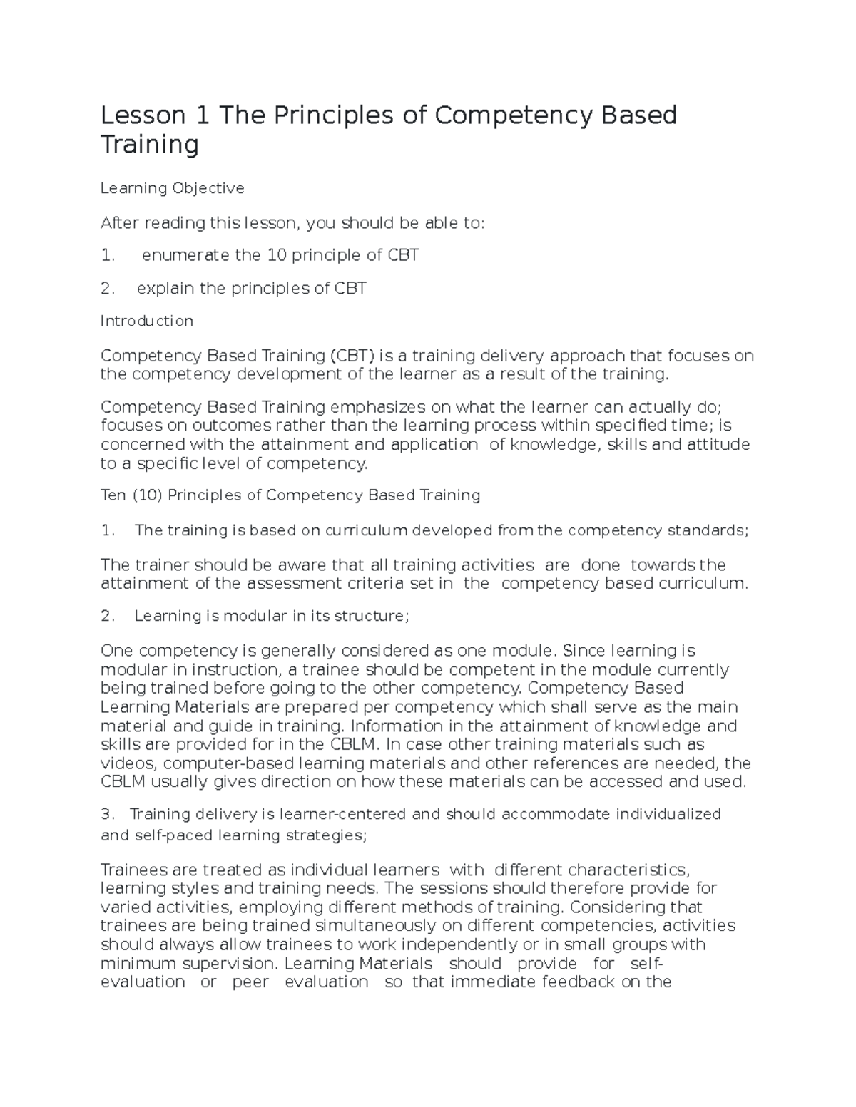 Lesson 1: Principles of Competency-Based Training (CBT) Explained - Studocu