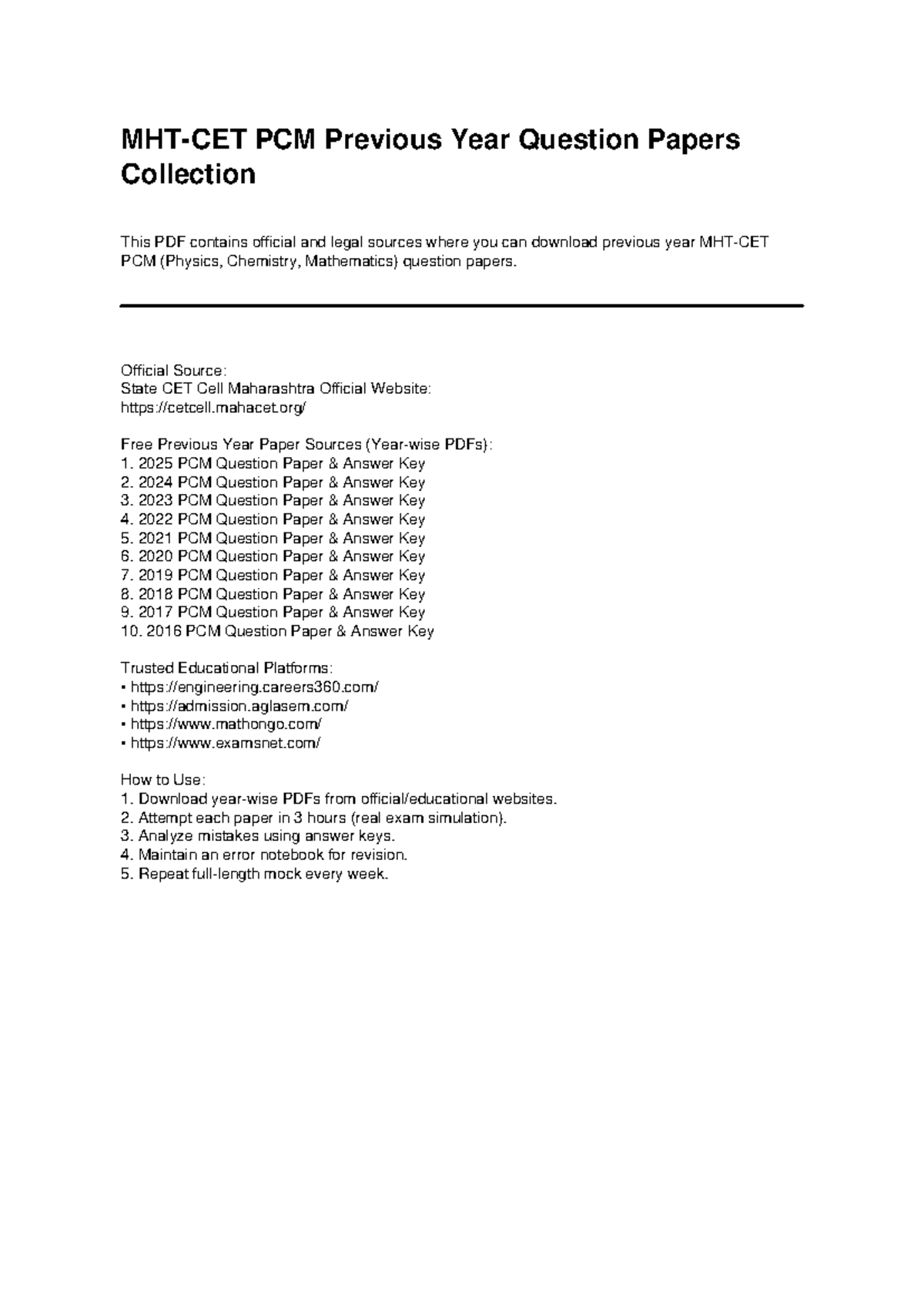 MHT CET PCM Previous Year Question Papers Compilation - Studocu