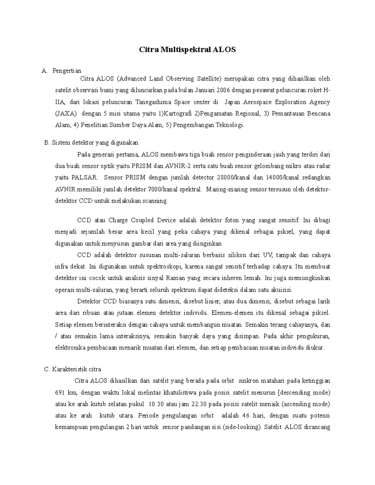 Citra Multispektral ALOS: Analisis Sensor dan Karakteristik Utama - Studocu