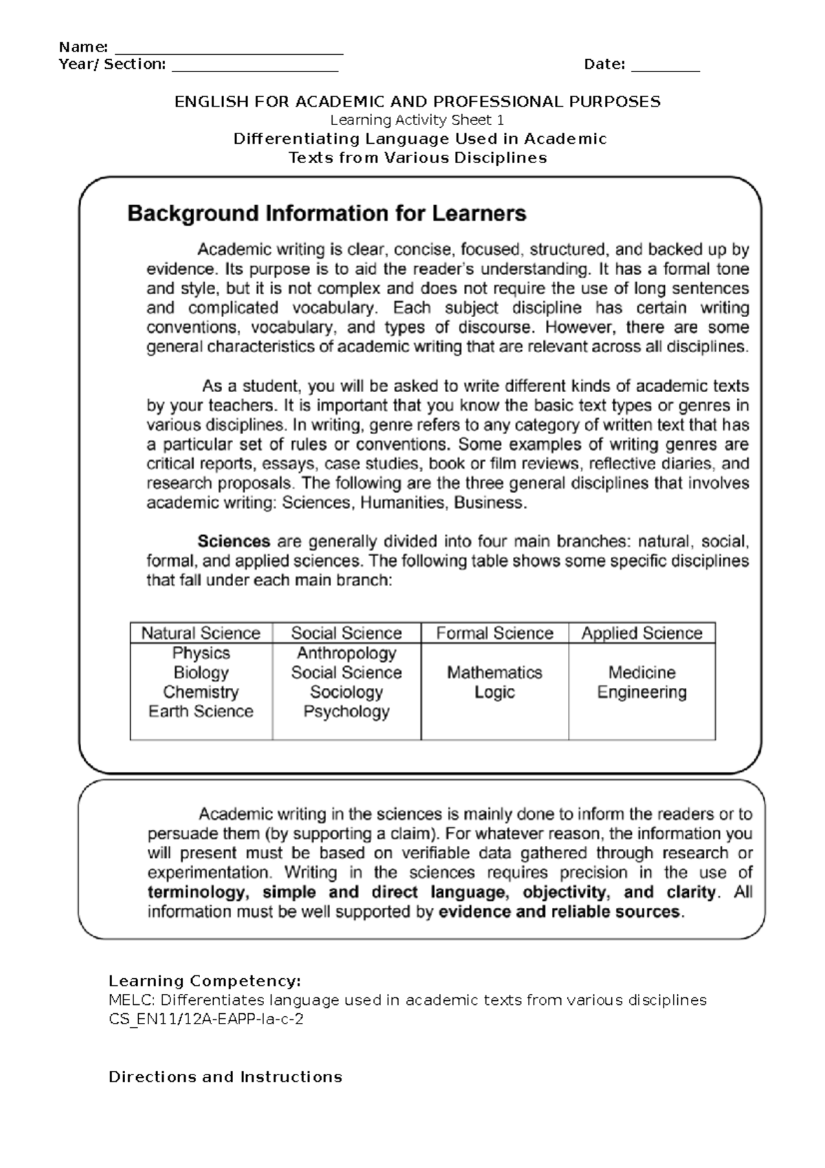 EAPP Learning Activity Sheet 1: Differentiating Academic Language - Studocu