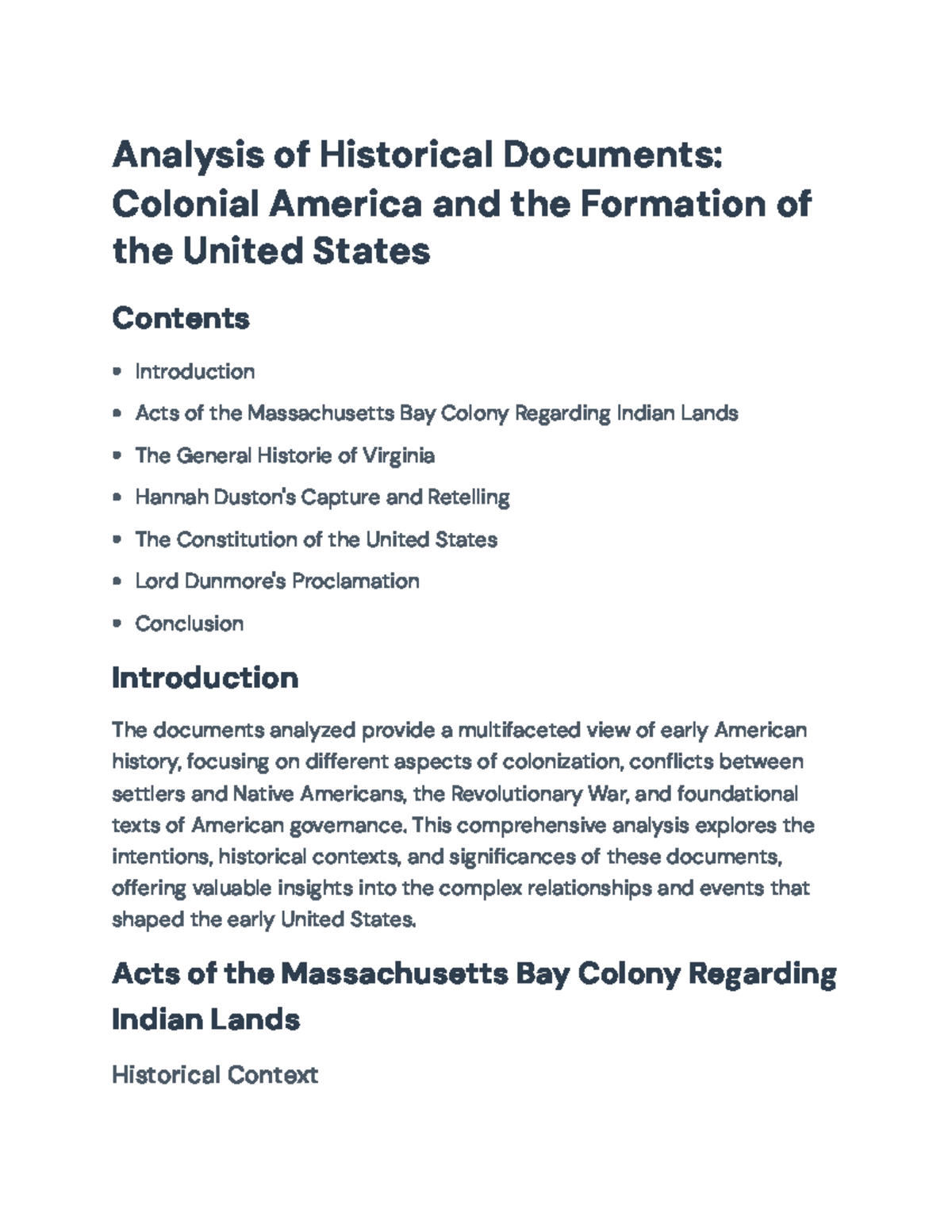 Analysis of Historical Documents: Colonial America and U.S. Formation ...