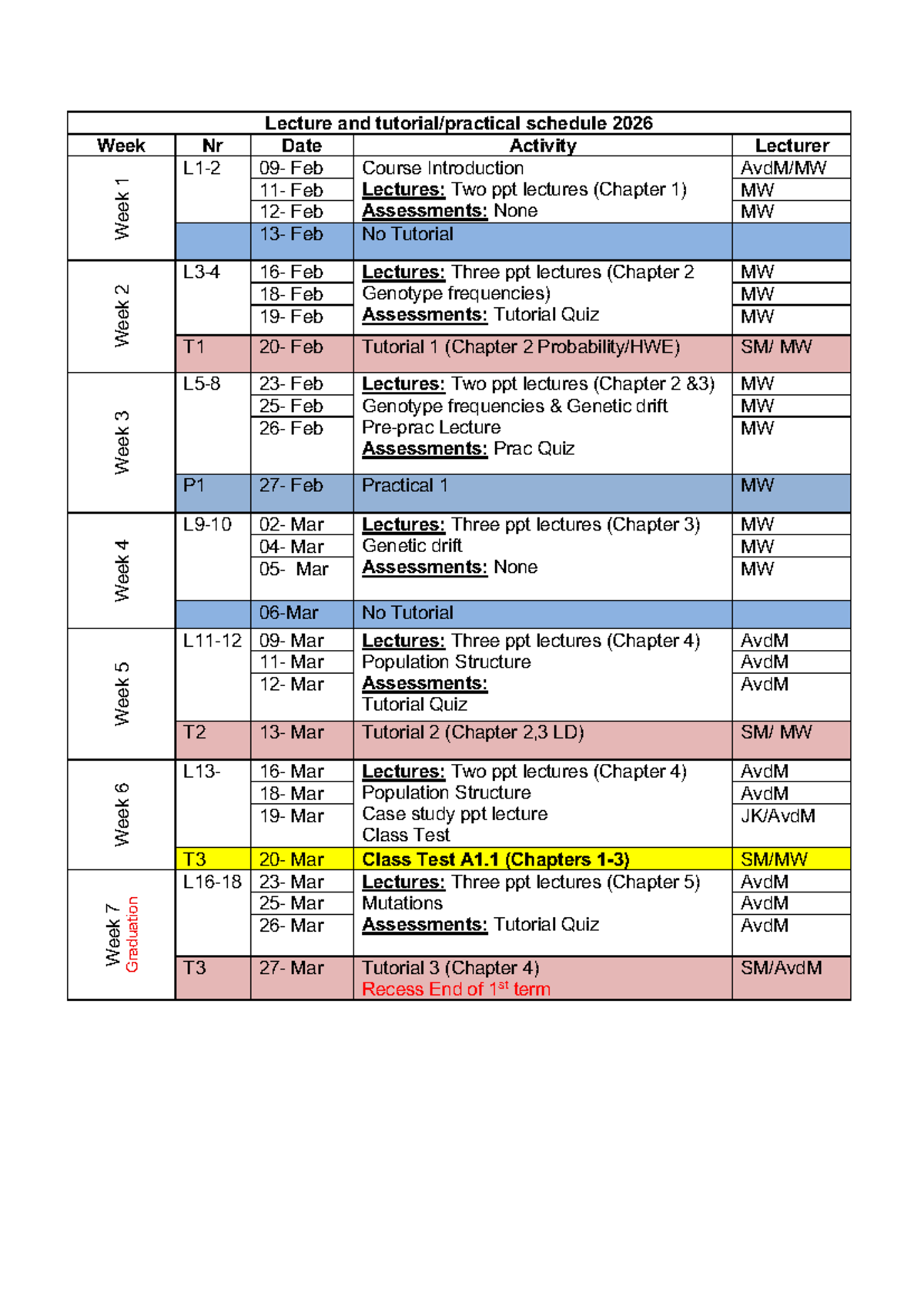 Class Schedule 2026: Lectures & Assessments Overview - Studocu
