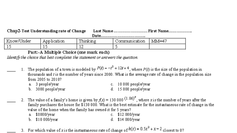 Understanding Rate of Change: Chap 2 Test (Math 101) - Studocu