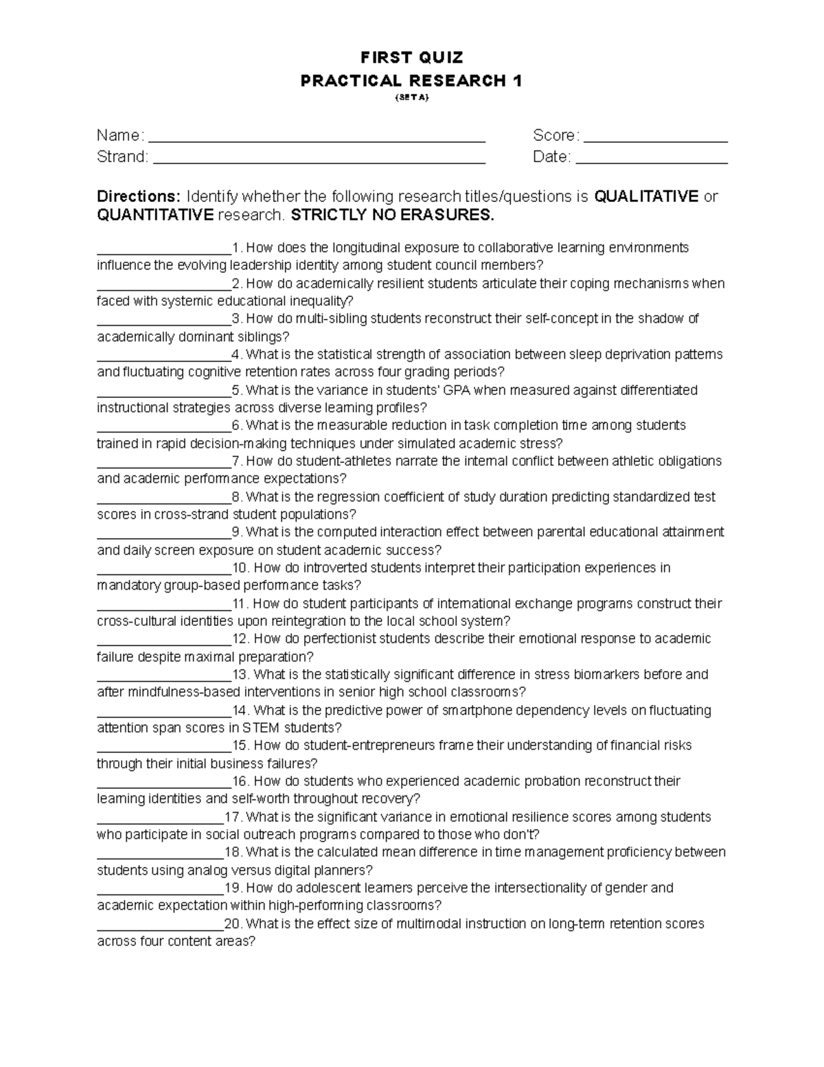 PR1 Quiz - Practical Research 1: Qualitative vs Quantitative Analysis ...