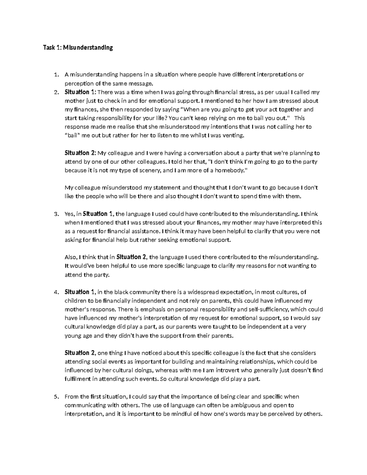 Assessment 1 - AFL1501 Understanding Miscommunication & Reflection ...