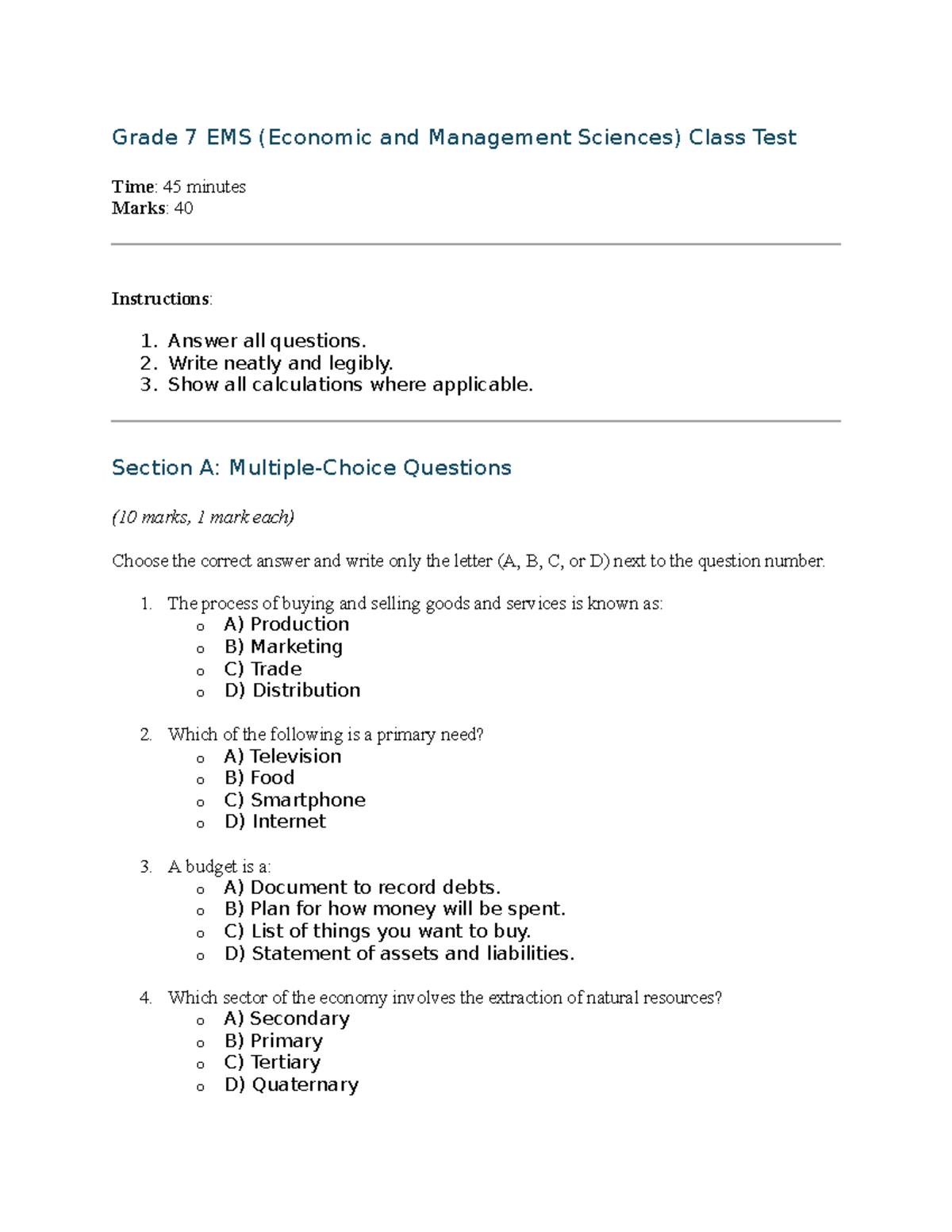 Grade 7 EMS Class Test: Economics Question Paper Nov 2021 - Studocu