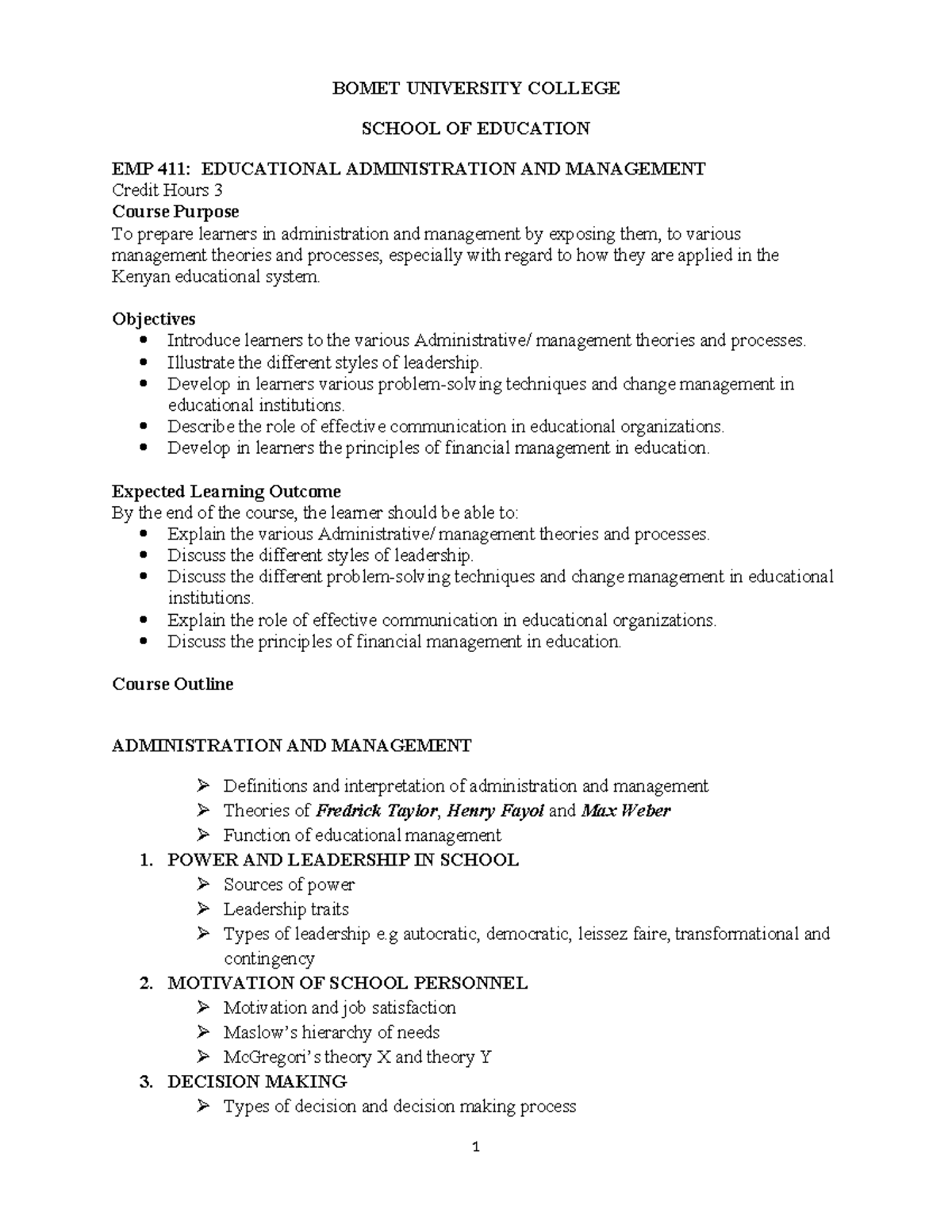 EMP 411 course outline - BOMET UNIVERSITY COLLEGE SCHOOL OF EDUCATION ...