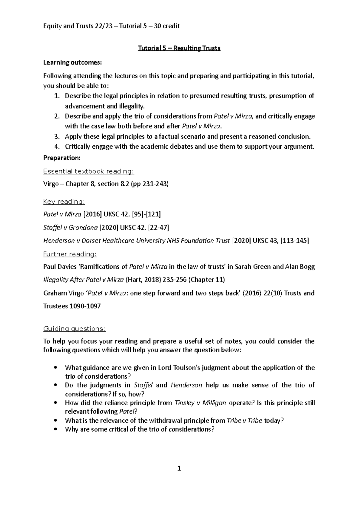 Tutorial 5 - worksheet - Equity and Trusts 22/23 – Tutorial 5 – 30 ...