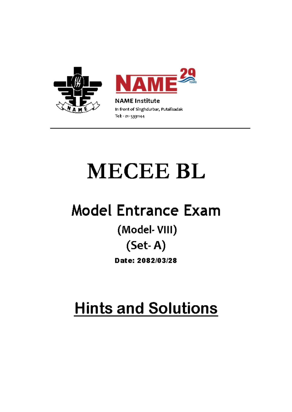 MECEE BL Model Entrance Exam Solutions and Hints - Studocu