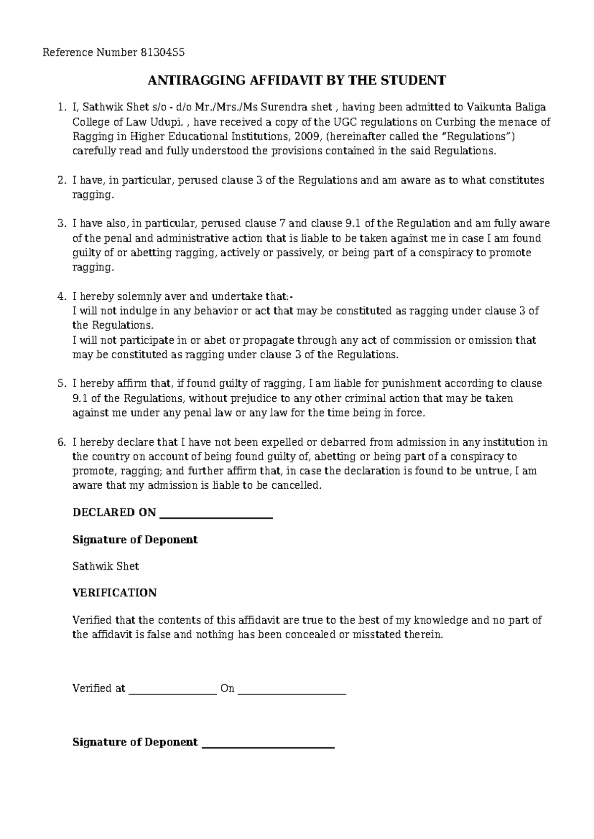 Antiragging Affidavit Form - Vaikunta Baliga College of Law - Studocu