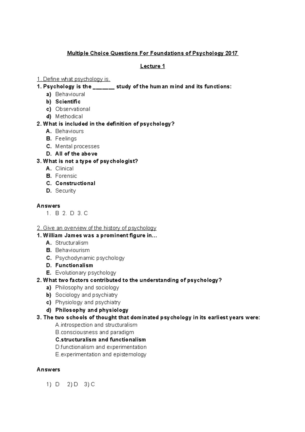 Multiple Choice Quiz for Foundations of Psychology (2017) - Studocu
