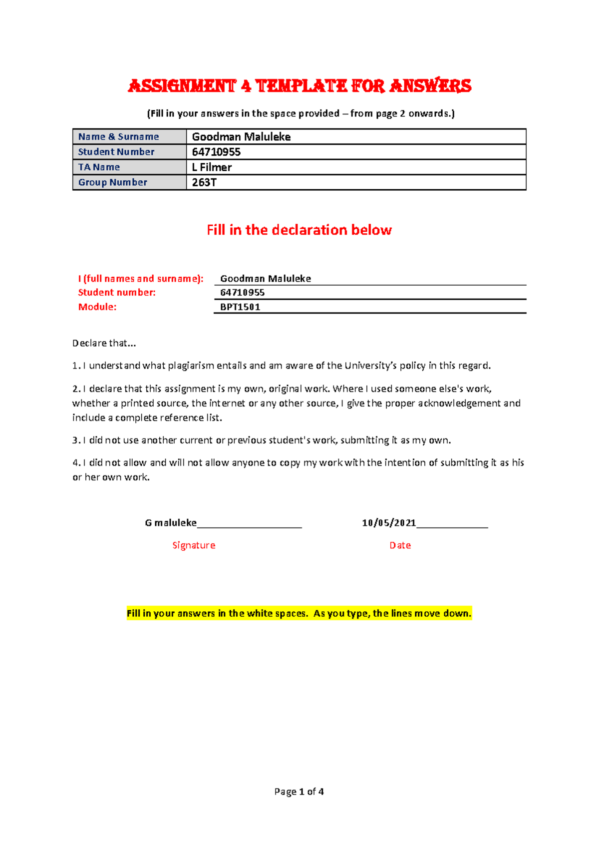 BPT1501 Assignment 04 - Assignment 4 Template for answers (Fill in your ...