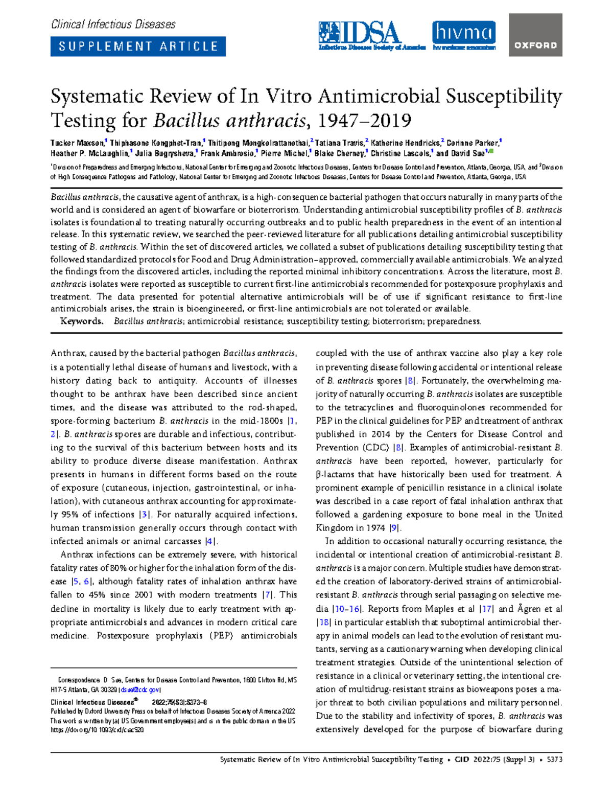 Rev Antimicrobial Susceptibility Bacillus anthracis 1947-2019 2022 ...