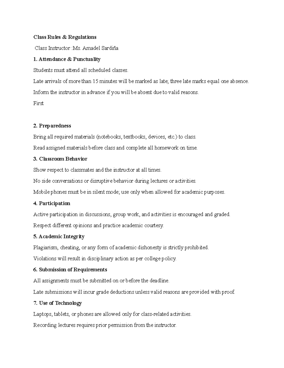 Class Rules & Regulations - Instructor: Ms. Amadel - Studocu