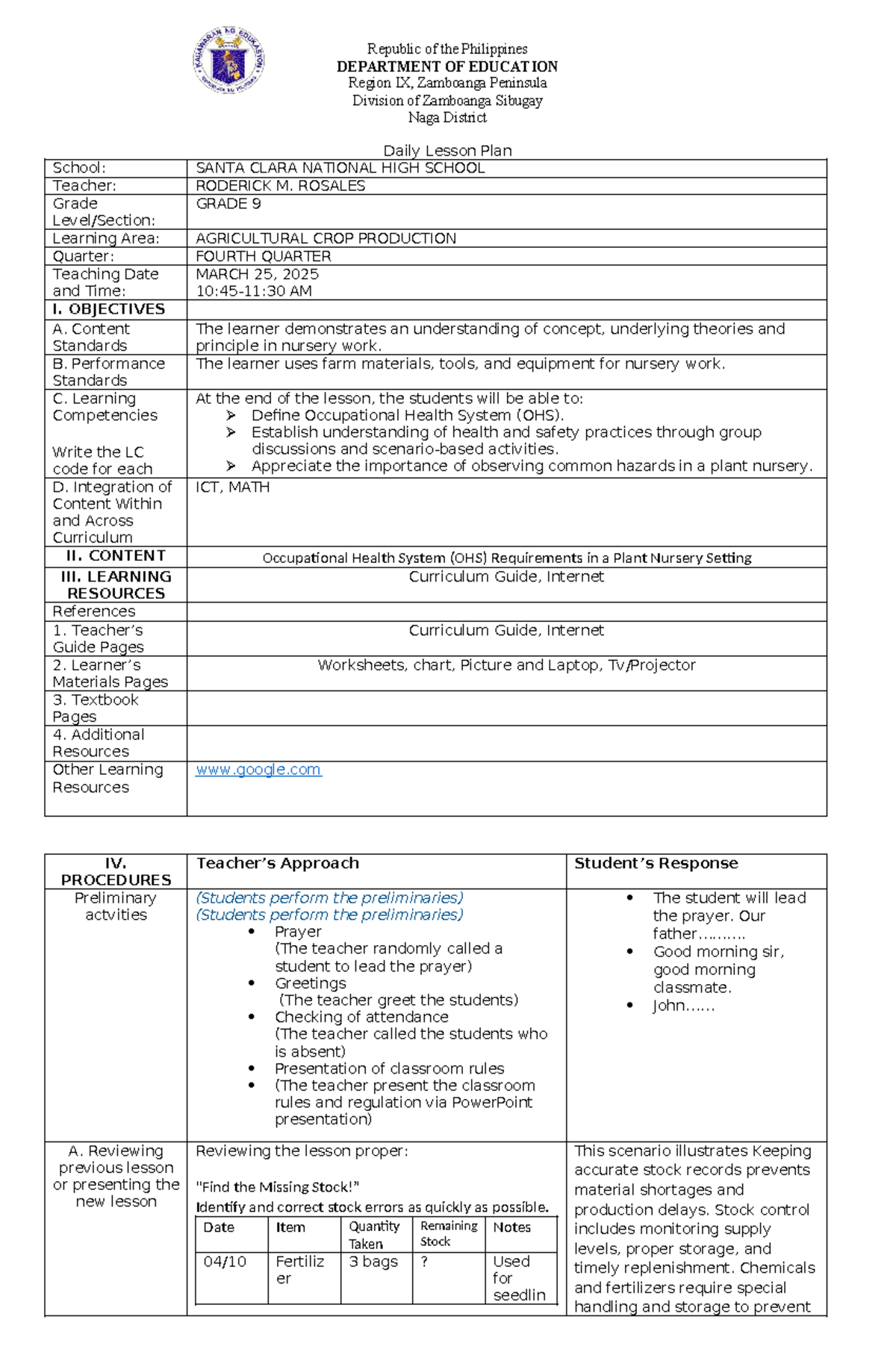 Grade 9 Agricultural Crop Production: OHS Lesson Plan (4th Quarter ...