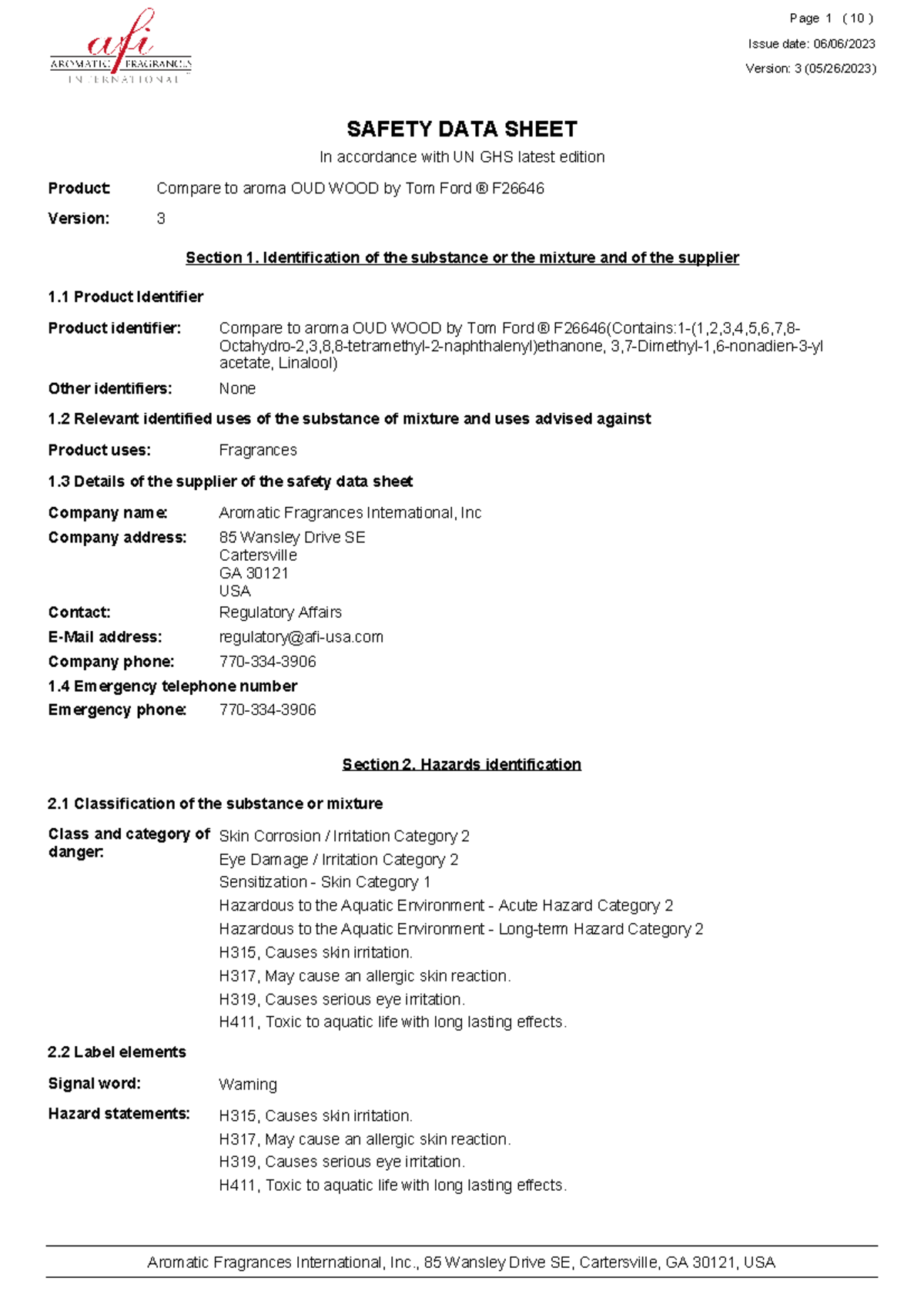 MSDS- Tom Ford Oud Wood F26646 - Material Safety Data Sheet - Studocu