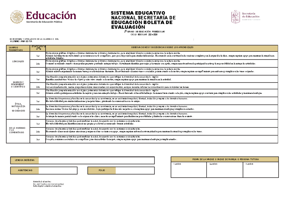 Boleta de Evaluación Preescolar 2do y 3er Periodo - Ana Sofía - Studocu