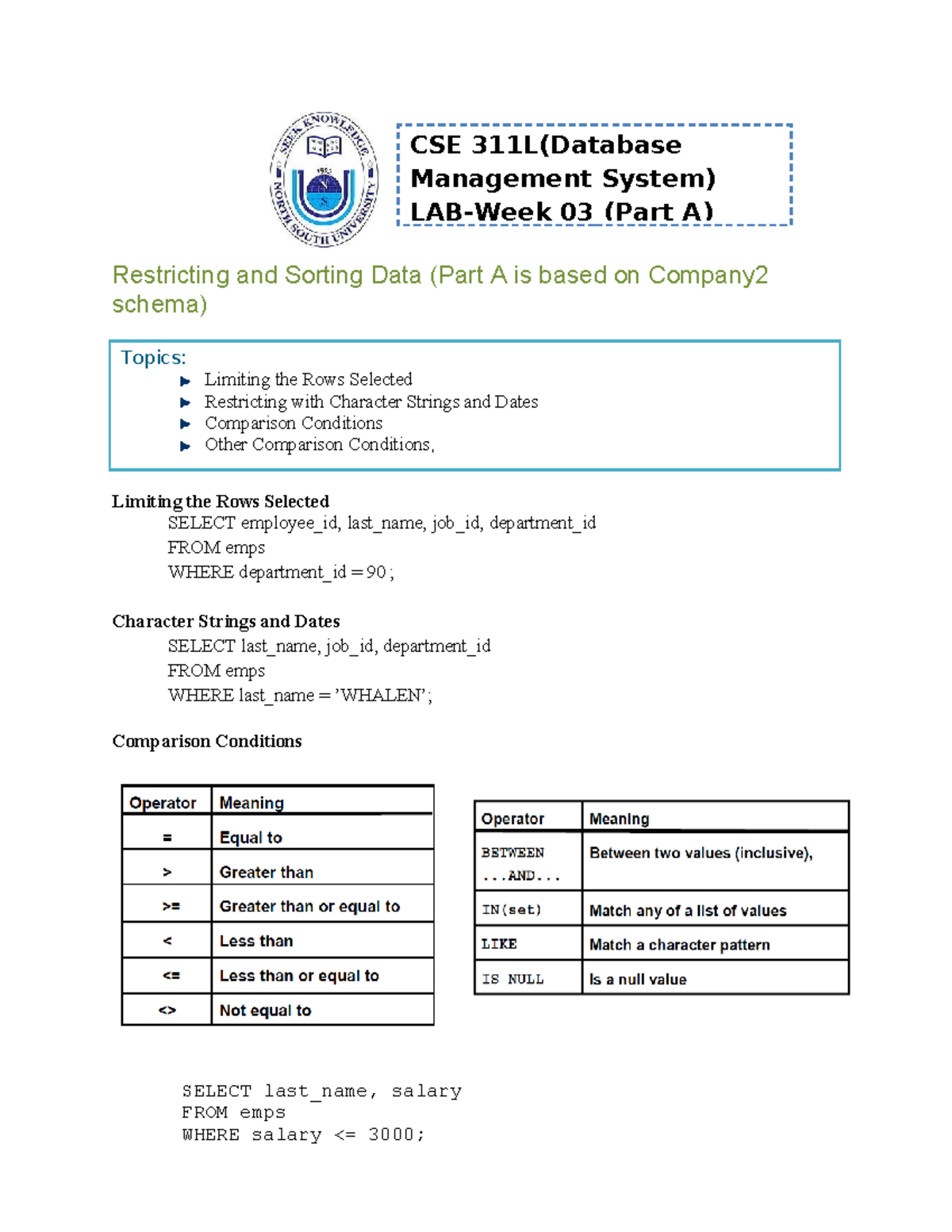 CSE 311L - Week 3 Lab Manual: Restricting and Sorting Data - Studocu