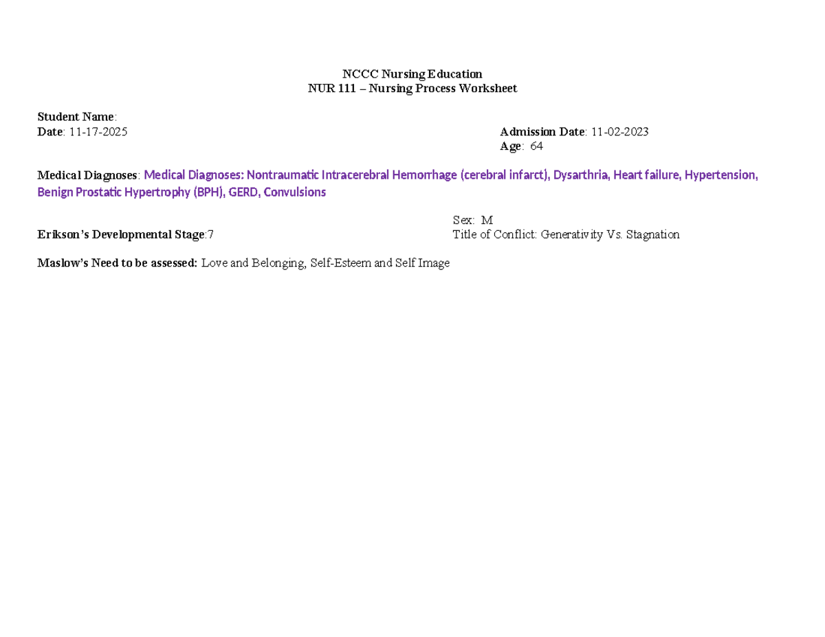 NUR NPW 46B - Nursing Process Worksheet for Clinical Assignment - Studocu