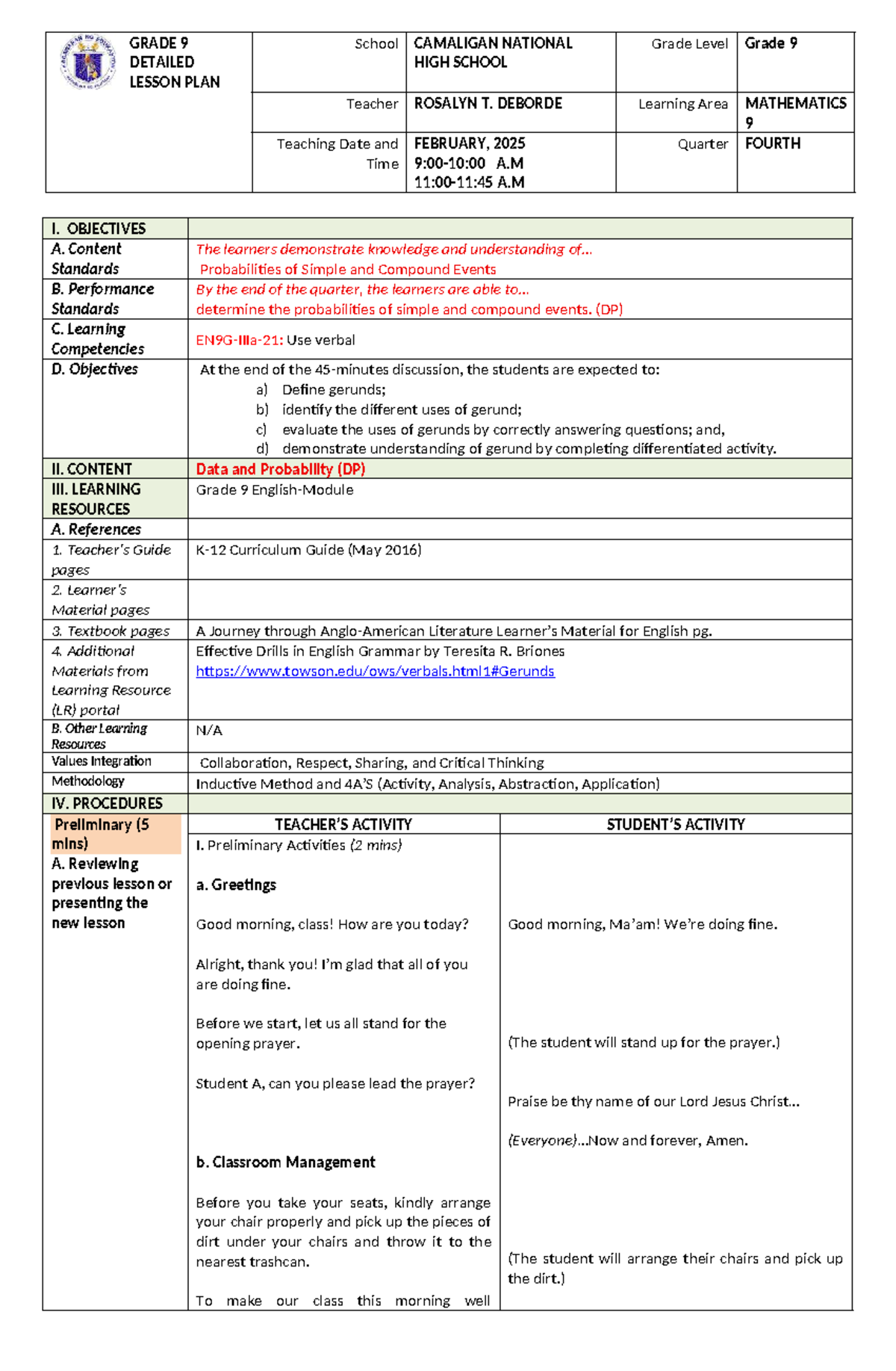 GRADE 9 MATHEMATICS LESSON PLAN ON GERUNDS - 4TH QUARTER - Studocu
