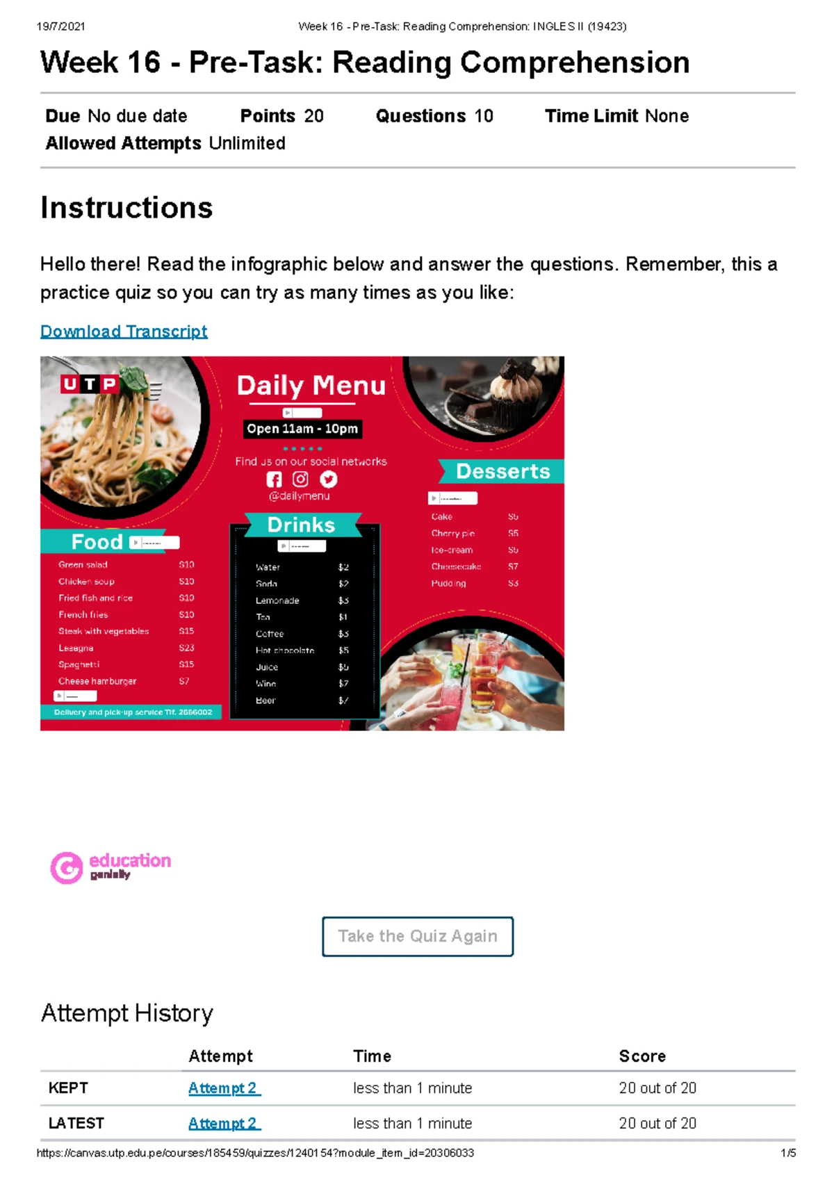 Ingles II - Pre-Task Quiz: Reading Insights for Week 07 - Studocu