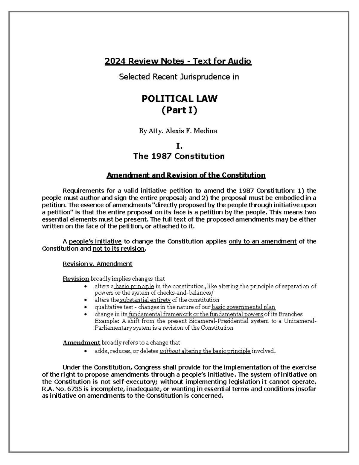 Bar 2024 - Political Law Review Notes (Part I) by Atty. AF Medina - Studocu
