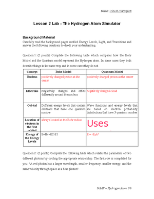 Lesson 2 Lab - Hydrogen Models Worksheet - Name: Lesson 2 Lab - The Hydrogen Atom Simulator ...