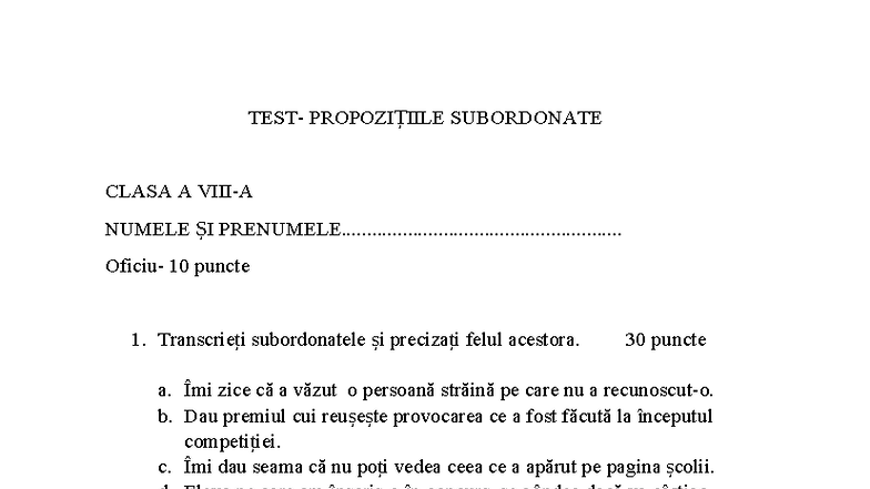 Test Propoziții Subordonate - Clasa A - 10 Puncte - Studocu