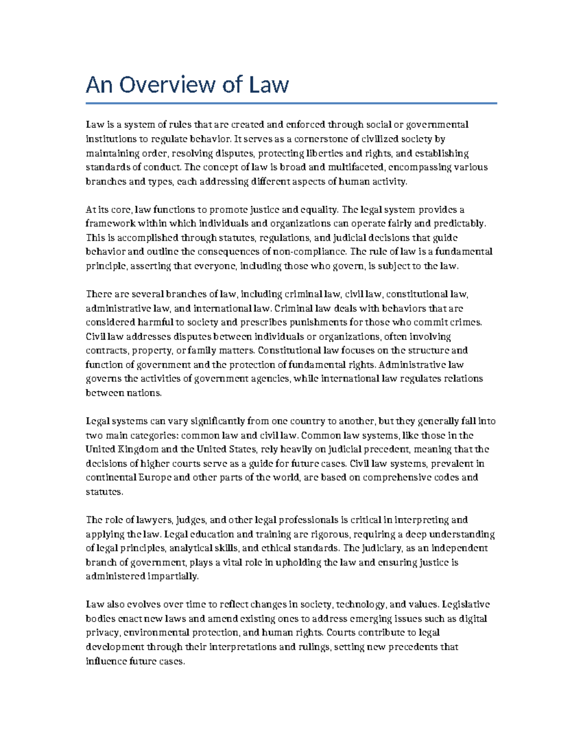 Law Essay - An Overview of Legal Systems and Their Functions - Studocu
